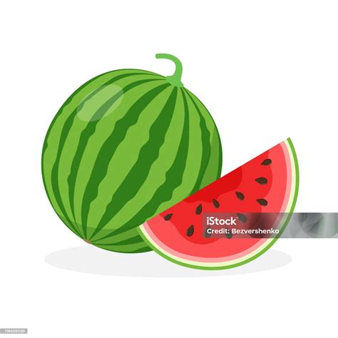 수 박과 육즙 수 박 조각 벡터 일러스트 레이 션 평면 디자인에 고립 된 흰색 배경 건강한 식생활에 대한 스톡 벡터 아트 및