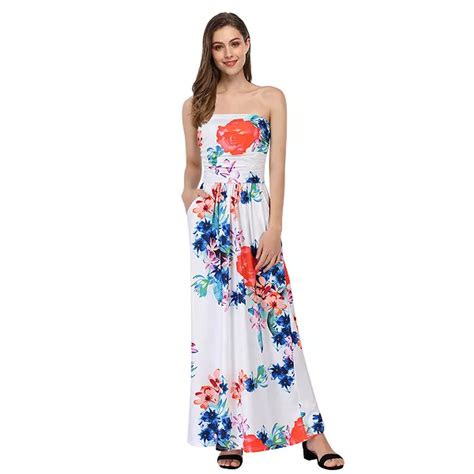 Womens Summer Bohemian Floral Printed Strapless Beach Party Long Maxi