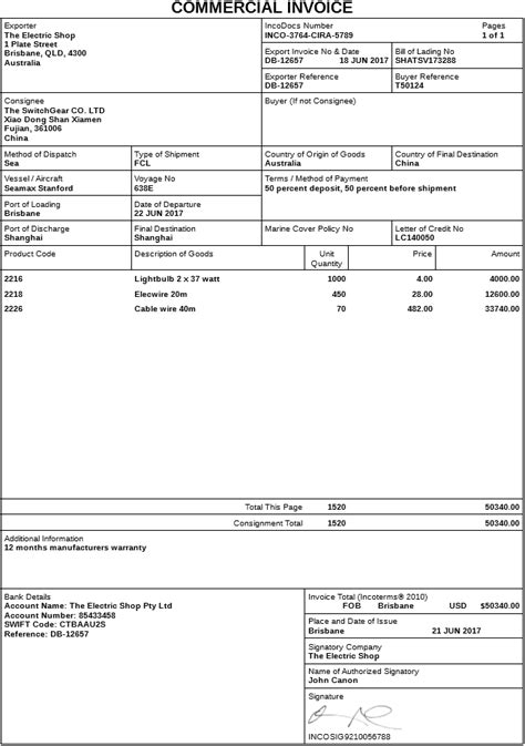 Export Commercial Invoice Document Used In International Trade