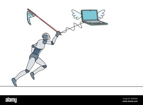 continuous one line drawing robot try to catching flying laptop with