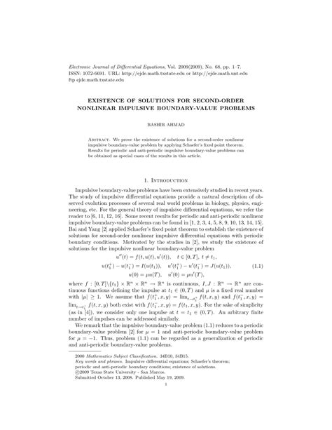 Pdf Existence Of Solutions For Second Order Nonlinear Impulsive Boundary Value Problems