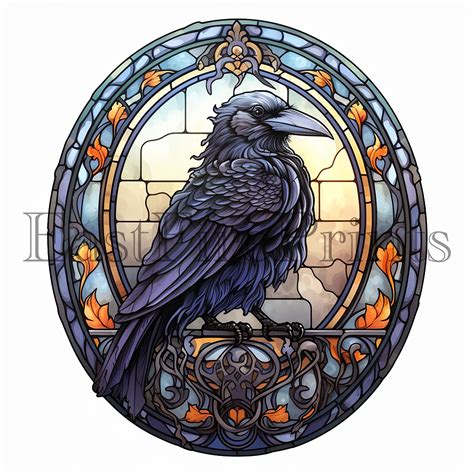 20 Raven Stained Glass Watercolor Clipart Halloween Png Etsy