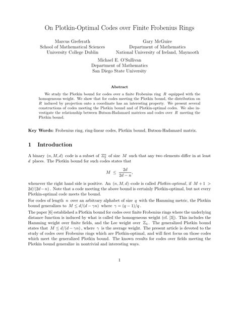 Pdf On Plotkin Optimal Codes Over Finite Frobenius Rings