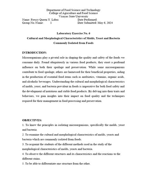 Labexercise6 Cultural And Morphological Characteristics Of Molds Yeast