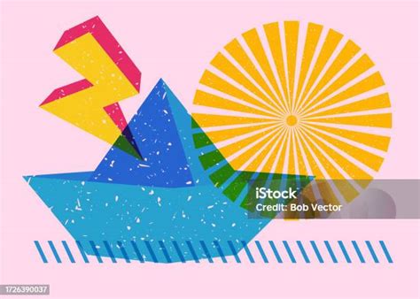 Risograph Paper Ship With Geometric Shapes Origami Boat With Geometry