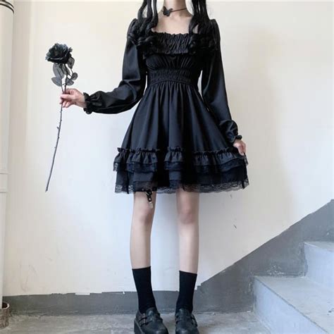 Em Estoque Japonês Lolita Estilo Mulheres Princesa Preto Mini Vestido De Slash Neck Cintura Alta