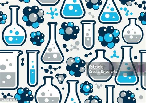 화학 이음매 없는 배경 분자와 플라스크가 있는 화학 실험실의 끝없는 패턴 개별적으로 사용하기 쉬운 요소가 있는 반복 벽지 0명에