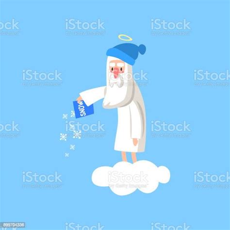 흰 구름에 행동에 사랑 스러운 하나님 만화 문자입니다 겨울 모자를 착용 하 고 지상에 눈을 던지고 행복 주 님 평면 벡터 개념에