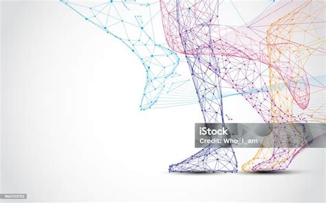 주자의 다리 실행 양식 선과 삼각형의 클로즈업 파란색 배경에 연결 네트워크 지원 합니다 일러스트 벡터 달리기에 대한 스톡 벡터