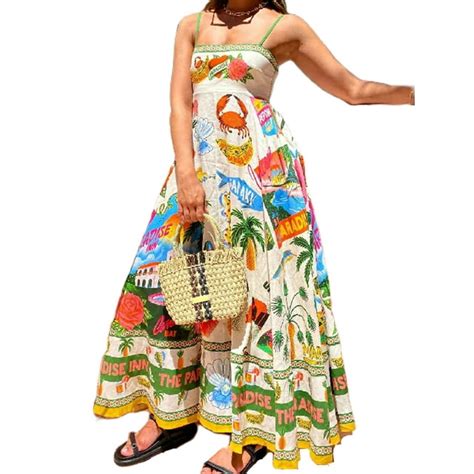 Boho Womens Spaghetti Strap Long Maxi Cami Dress Floralfruit Print