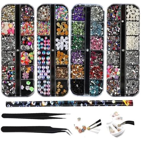4 Boîtes Kit Strass Nail Art Kit Strass Ongles 2 Pince à épiler 1pc Strass Picker Crayon