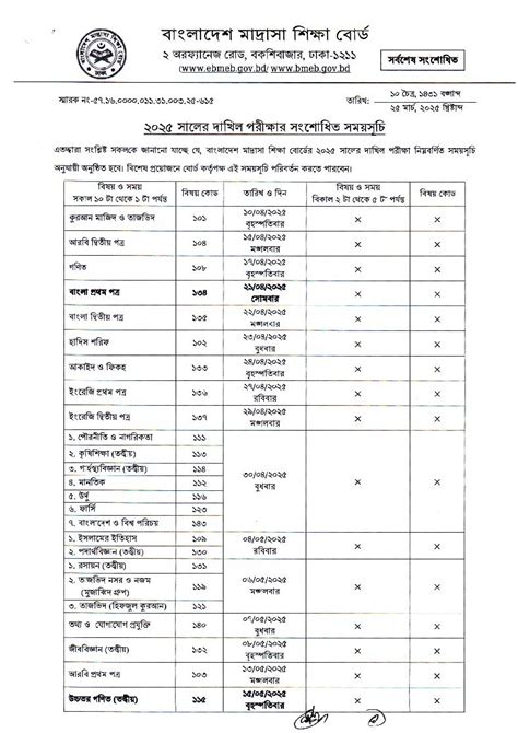 Dakhil Routine 2025 Pdf Download Madrasah Education Board Routine