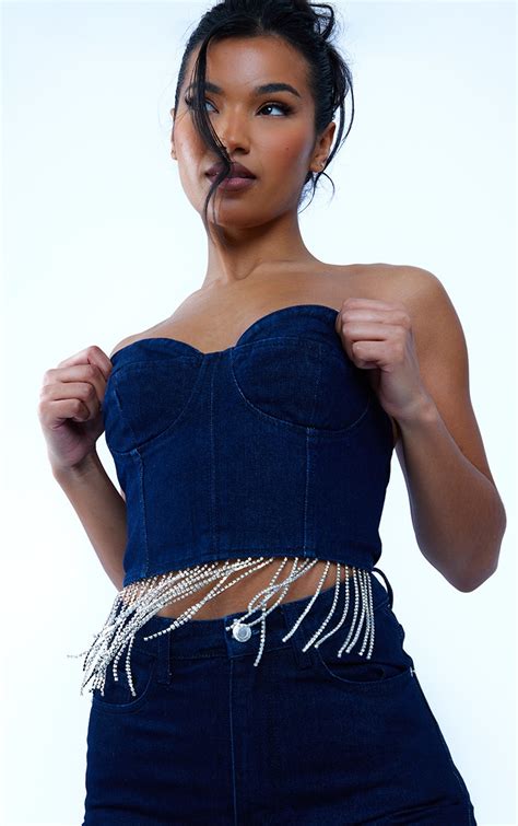 Dark Blue Wash Diamanté Tassel Denim Corset Top Prettylittlething Usa