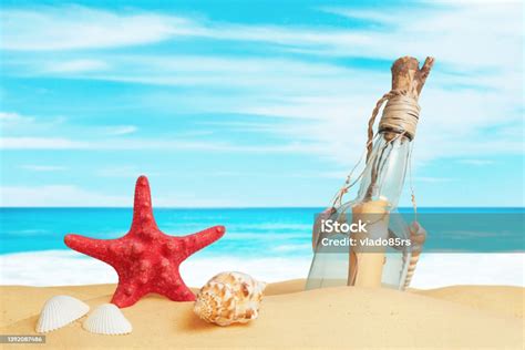별 껍질 및 해변 모래 위의 병에 담긴 메시지 여름 열대 여행 구성 개념 0명에 대한 스톡 사진 및 기타 이미지 0명 모래