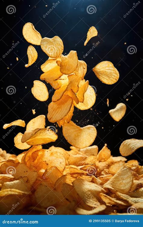 Flying Potato Chips On A Dark Background With Species Stock Image