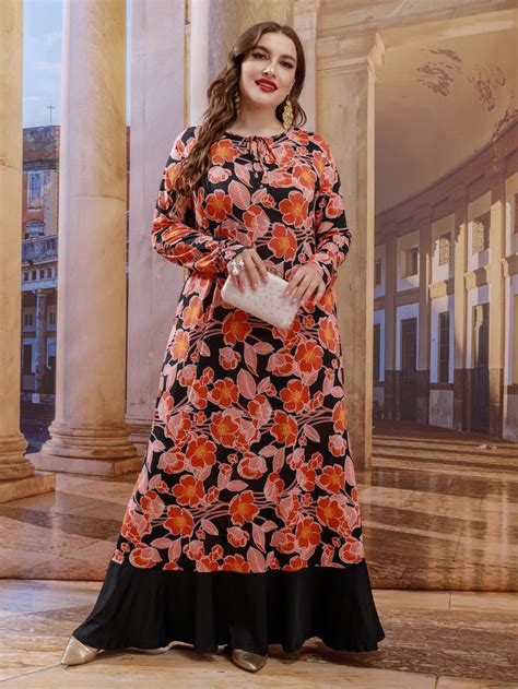 Plus Allover Floral Print Color Block Tie Neck Ruffle Hem Dress