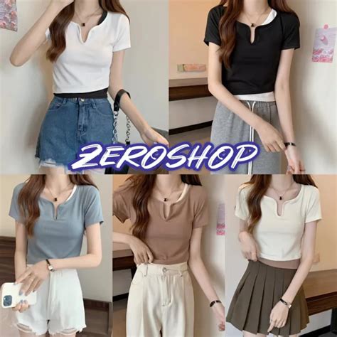 Zero Shop🐰พร้อมส่ง🐰 Zero 60106 เสื้อครอปไหมพรมแขนสั้นคอกลมใส่สบายสี