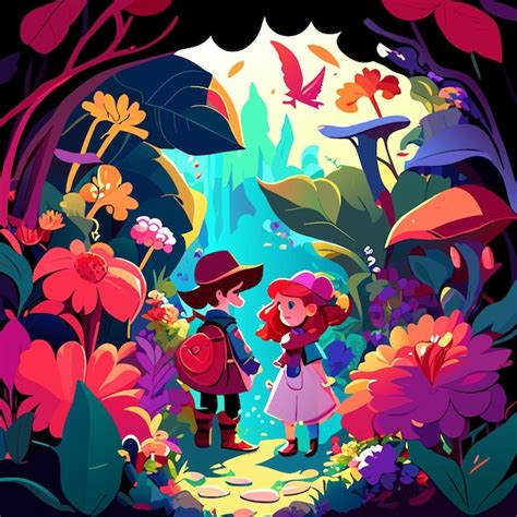 Niños Caminando En El Bosque Vector Premium