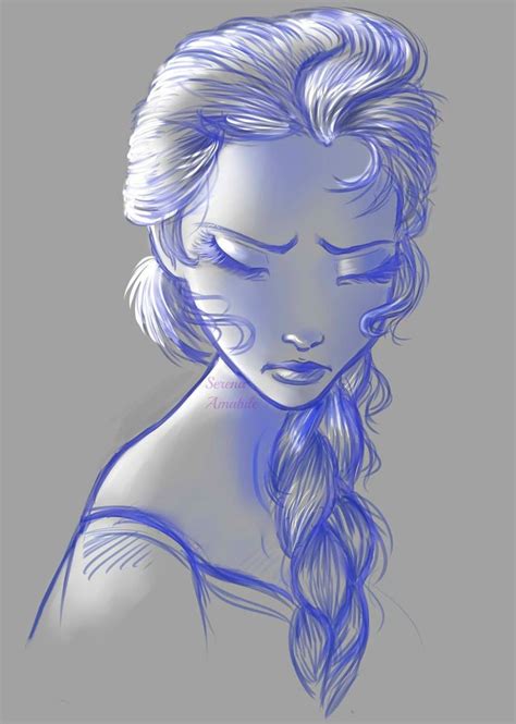 A Drawing Of A Woman With Long Hair And Braids On Her Head Looking Down