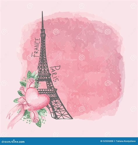 Paris Vintage Cardeiffel Towerwatercolor Pink Stock Vector