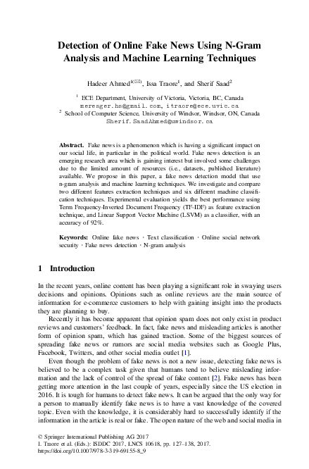 Pdf Detection Of Online Fake News Using N Gram Analysis And Machine Learning Techniques