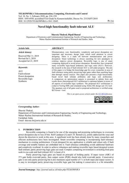 Novel High Functionality Fault Tolerant Alu Pdf