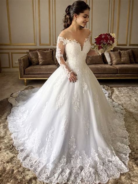 Robe de bal Épaules dégagées Manches longues Traîne moyenne Dentelle Tulle Robes de Mariée