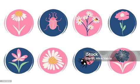 파란색과 분홍색 귀여운 벡터 로고 디자인 템플릿 아이콘 및 소셜 미디어 하이라이트 배지 귀여운 식물 꽃 및 곤충 0명에 대한 스톡 벡터 아트 및 기타 이미지 Istock