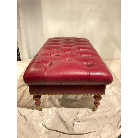 Edward Ferrell Tufted Red Leather Ottoman On Brass Casters Chairish