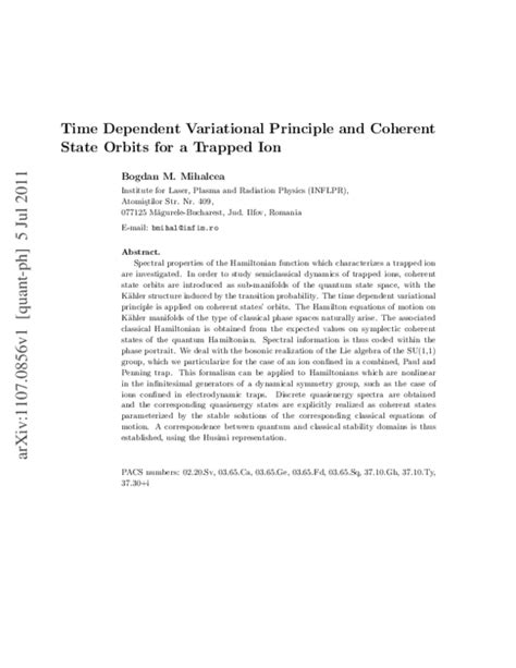 Pdf Time Dependent Variational Principle And Coherent State Orbits For A Trapped Ion
