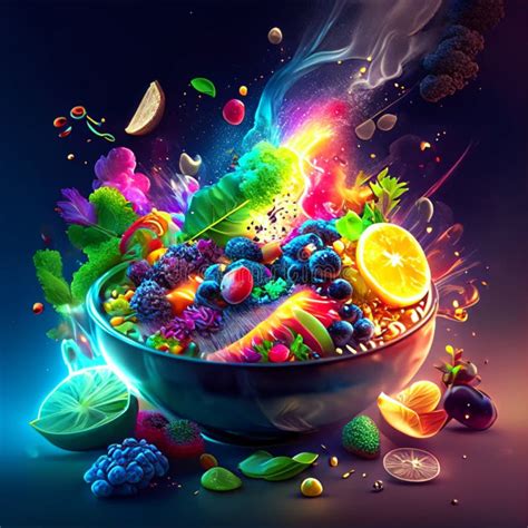 Fruit Salad In A Blue Bowl On A Dark Background Vector Illustration