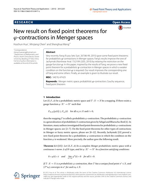 Pdf New Result On Fixed Point Theorems For φ Contractions In Menger Spaces