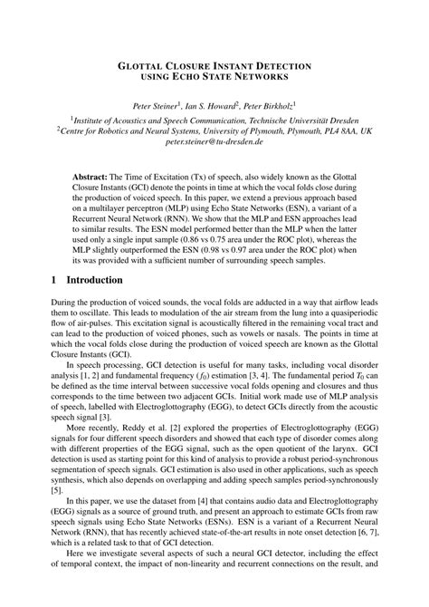 Pdf Glottal Closure Instant Detection Using Echo State Networks