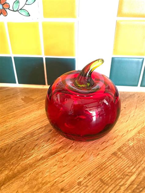 70s Vintage Apple Heavy Blown Glass Paperweight Rainbow Paper Weight
