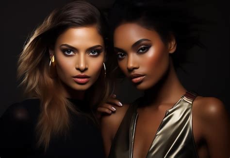 Premium Ai Image Two Mixed Race Fashion Model In Full Makeup Trendy Outfit Perfect Hair Style