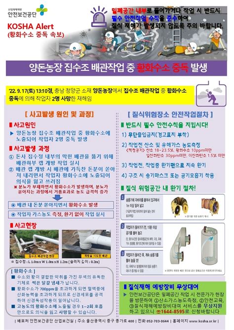 한국산업안전보건공단 정보마당 재해사례 국내 재해사례 지역별사례 게시판읽기 사고사례 양돈농장 집수조 배관작업 중 황화수소 중독 사망 한국산업안전보건공단