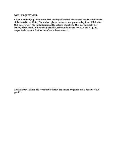 Post Laboratory Questions POSTLAB QUESTIONS A Student Is Trying To