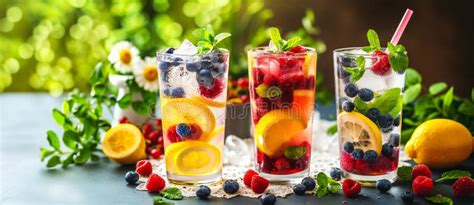 Summer Berries Cocktails Assorted Healthy Drinks Refreshing Summer Fruit Infused Water Served