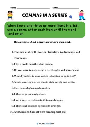 Commas In Series Worksheet