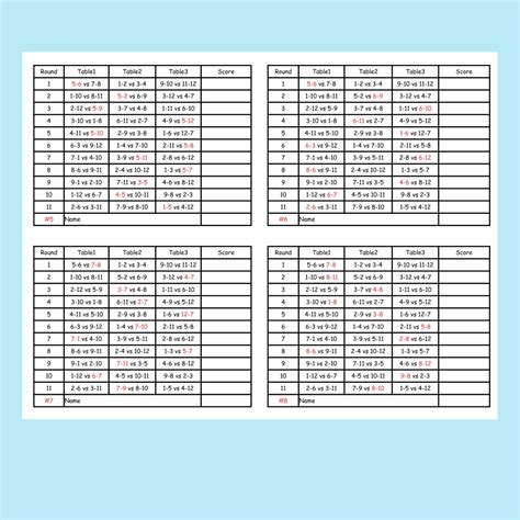 12 Person Euchre Tournament Rotation 3 Table Score Card