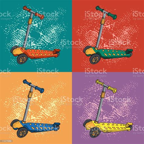 아이 패턴에 대 한 귀여운 작은 스쿠터 3 륜 차량 스포츠를 타고 장난감입니다 균형 자전거입니다 푸시 주기 손으로 그린 그림입니다 0명에 대한 스톡 벡터 아트 및 기타