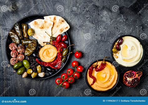Arabic Traditional Cuisine Middle Eastern Meze Platter With Pita