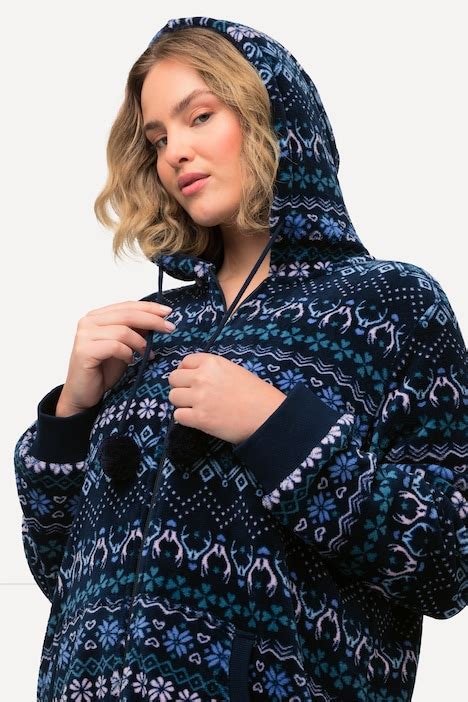 Nordic Print Plush Zip Up Bathrobe Midnight Blue Ulla Popken