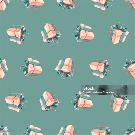 청록색 배경에 산호색과 청록색의 리본과 리본이 있는 선물 상자 수채화 그림 손으로 그린 그림 축하 포장지 휴일 장식을 위한 완벽한 패턴 공휴일에 대한 스톡 벡터 아트 및