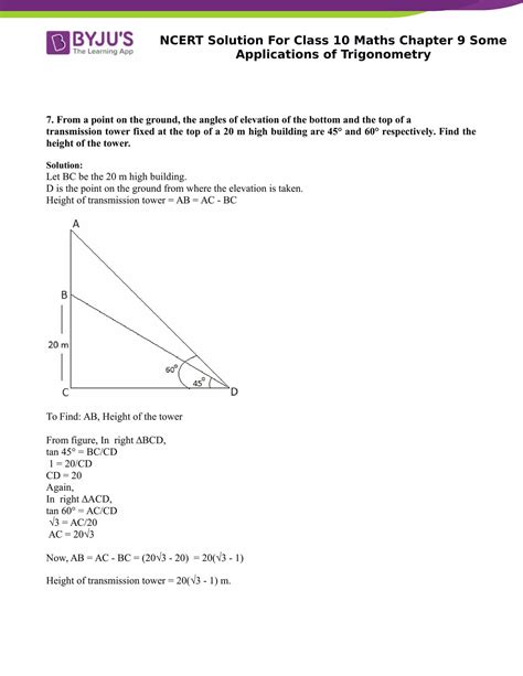 Ncert Solutions Class Maths Chapter Some Applications Of Trigonometry