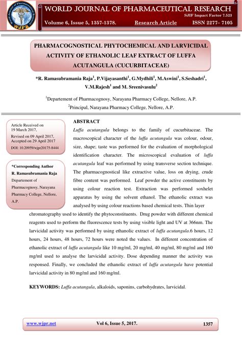 Pdf Pharmacognostical Phytochemical And Larvicidal Activity Of