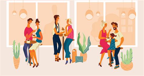 쇼핑몰의 카페 나 카페테리아에있는 사람들 커피를 마시고 이야기 군중에 대한 스톡 벡터 아트 및 기타 이미지 군중 남자 단체 Istock