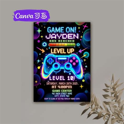 Editable Neon Game On Level Up Gaming Birthday Party Invitation Video