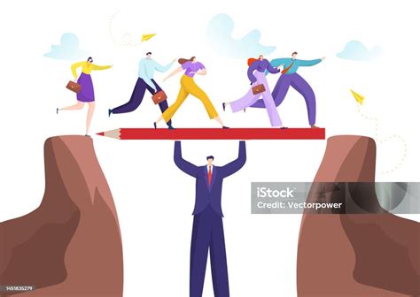 비즈니스 보스 관리자 사업가 캐릭터 벡터 삽화와 함께 산 절벽을 건너는 팀 남자는 사람들이 성공에 도전하도록 돕습니다 공동체에