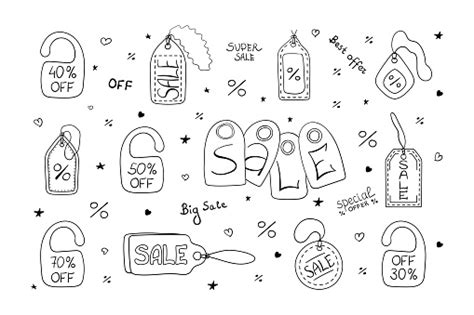다양한 손으로 그린 낙서 가격표 세트 퍼센트 할인 특별 행사 쇼핑 할인 라벨 판촉 판매 배지 문자가 있는 4개의 가격표 구성 글자 Sale 흰색 배경에 격리 Po에 대한